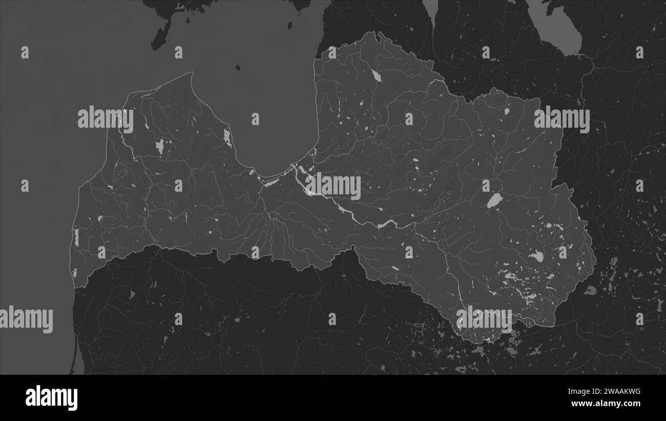 Latvia highlighted on a Bilevel elevation map with lakes and rivers ...