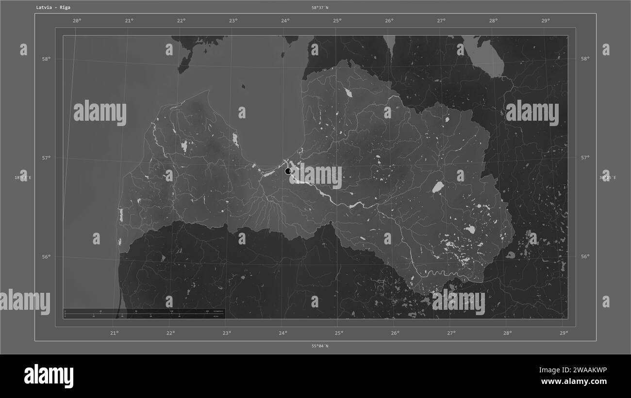 Latvia highlighted on a Grayscale elevation map with lakes and rivers map with the country's ...