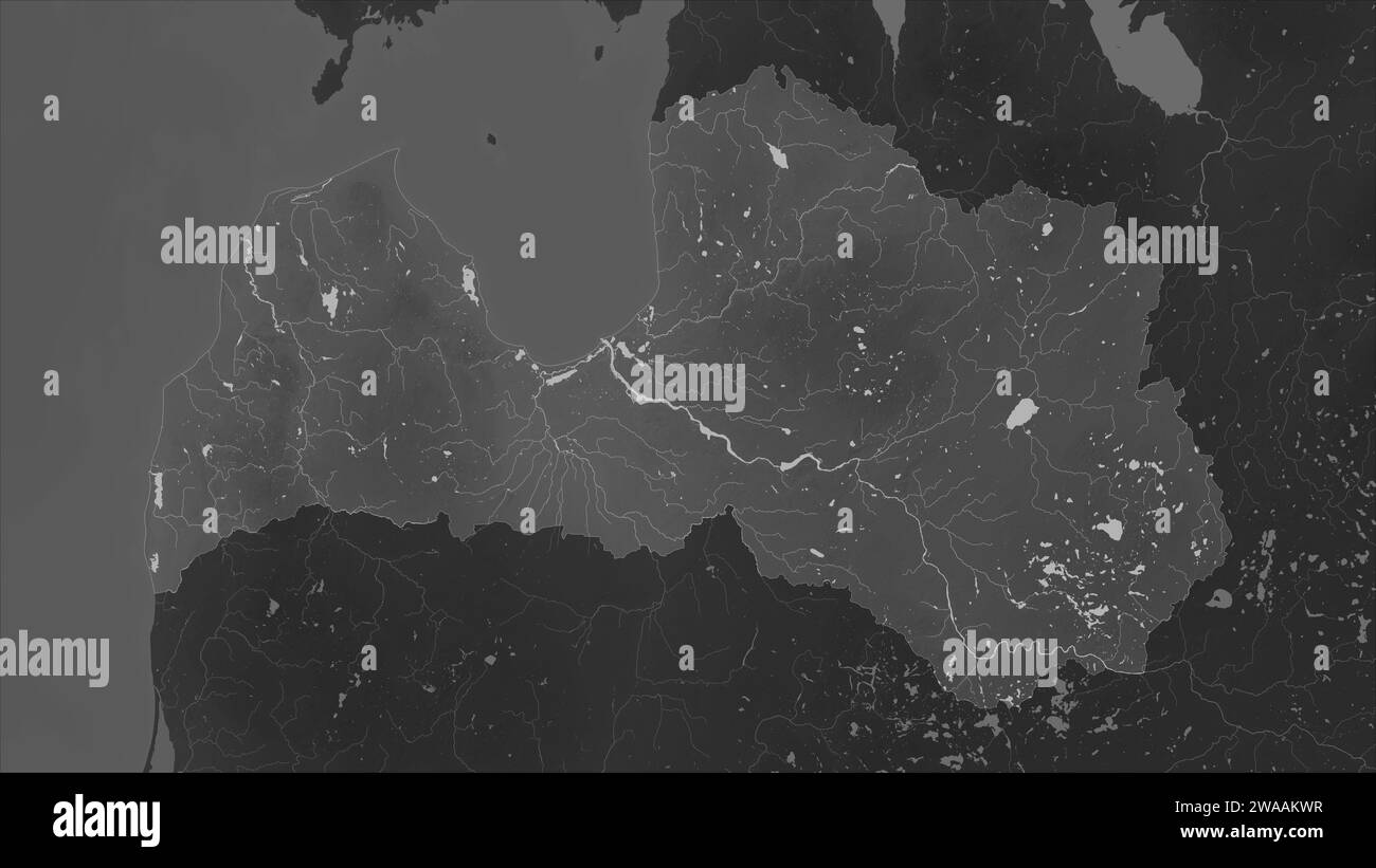 Latvia highlighted on a Grayscale elevation map with lakes and rivers ...
