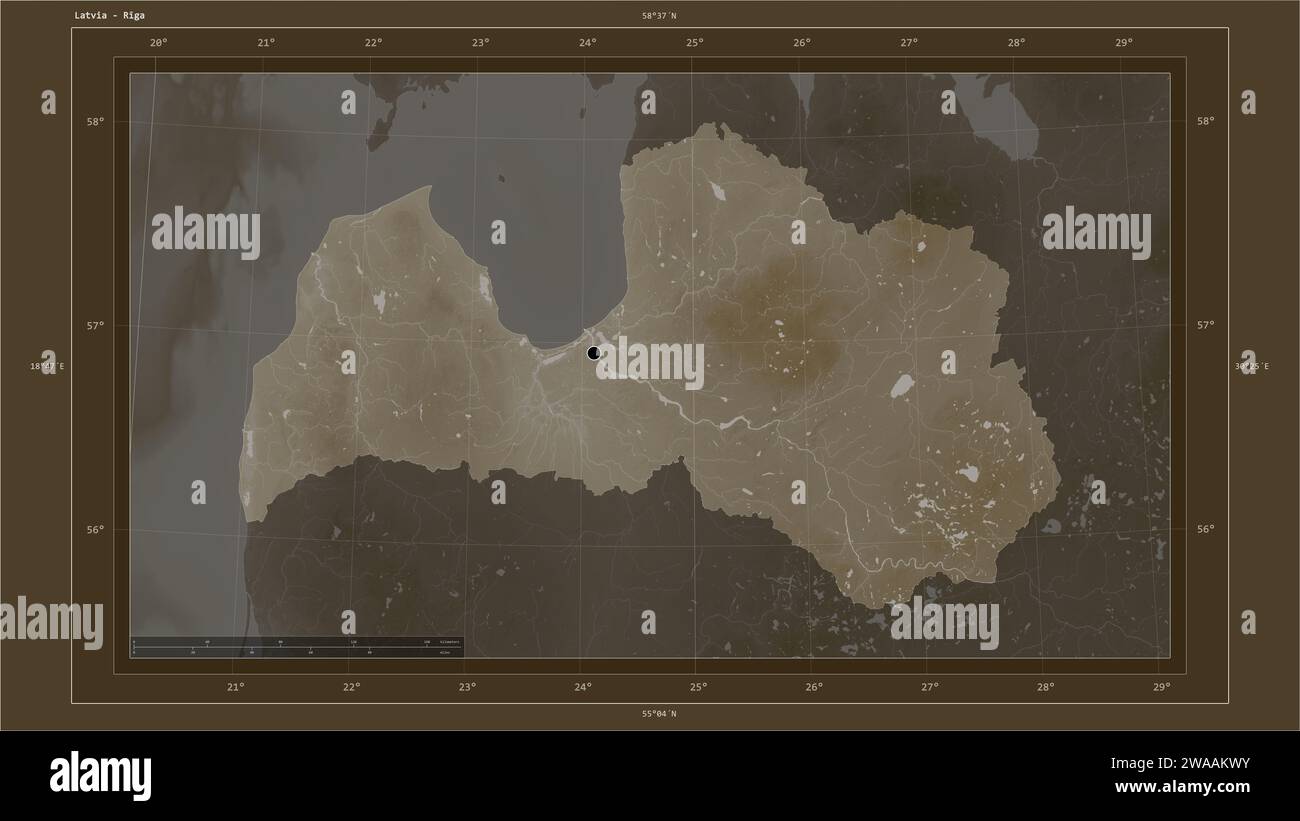 Latvia highlighted on a elevation map colored in sepia tones with lakes ...