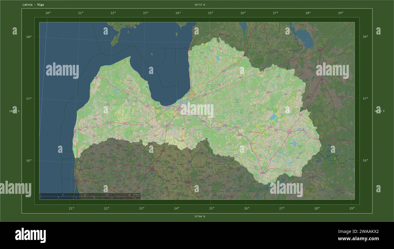 Latvia highlighted on a topographic, OSM Germany style map map with the country's capital point ...