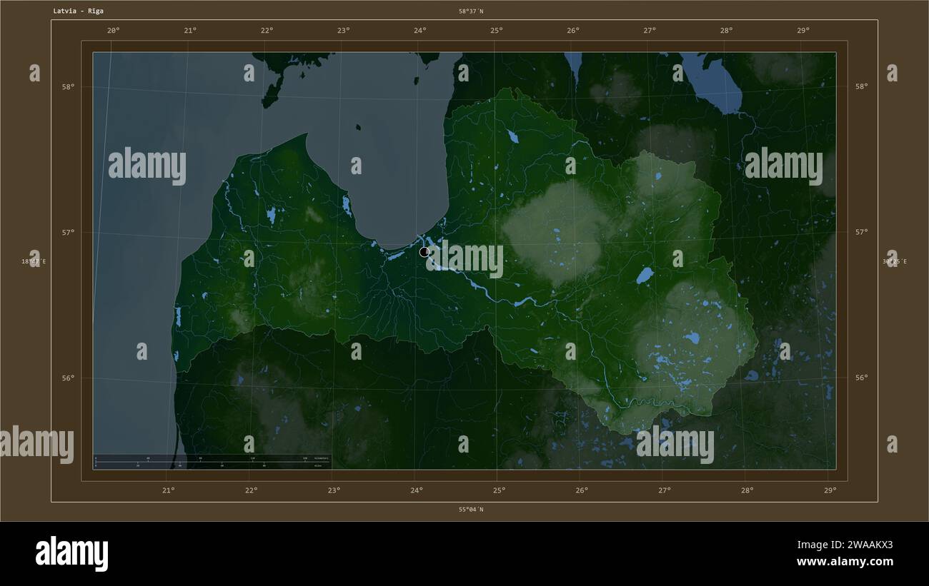 Latvia highlighted on a Colored elevation map with lakes and rivers map ...