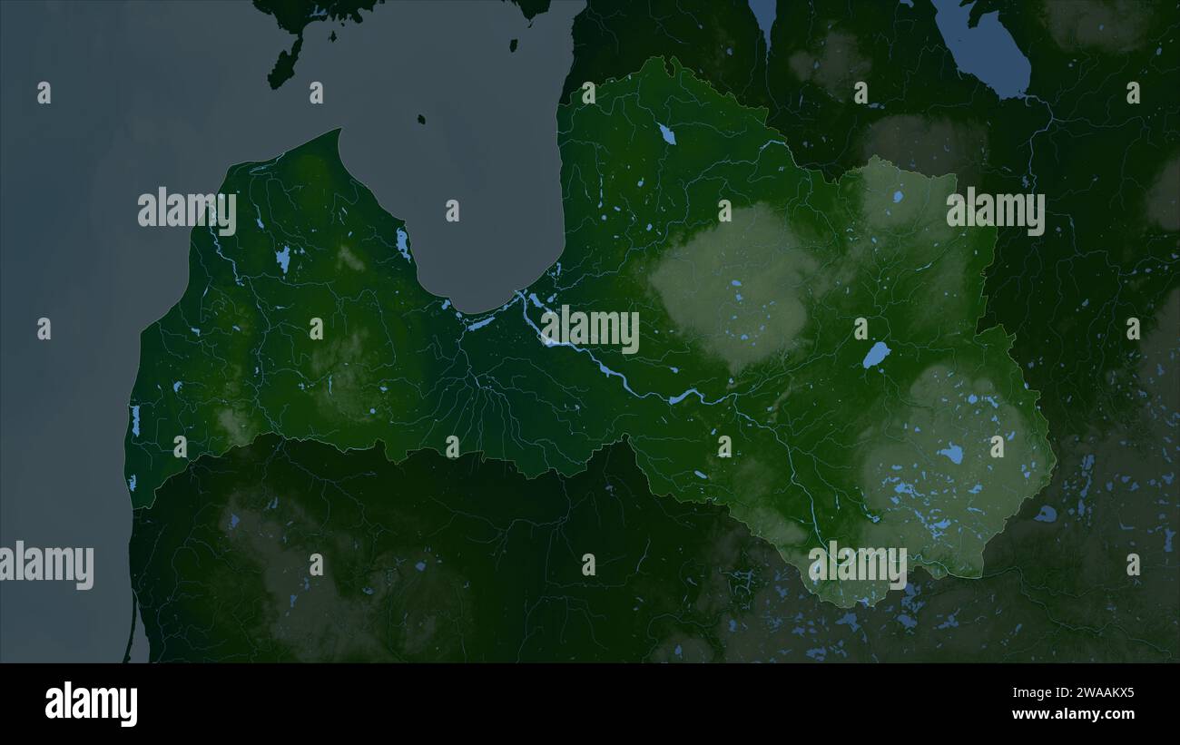Latvia highlighted on a Colored elevation map with lakes and rivers ...