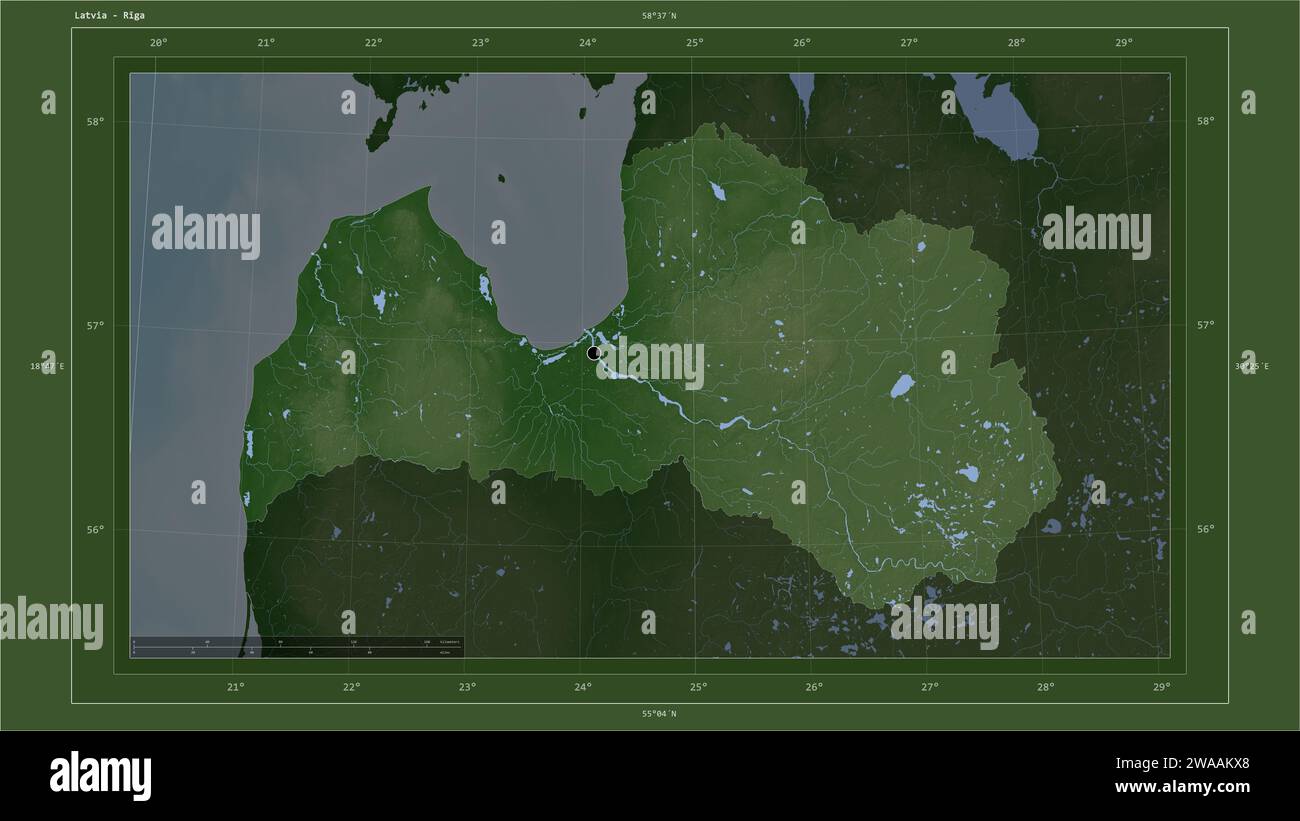 Latvia highlighted on a Pale colored elevation map with lakes and rivers map with the country's ...