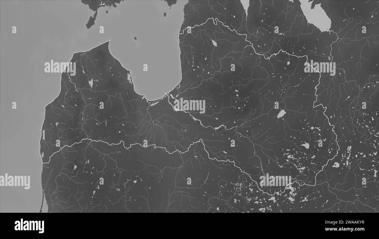 Latvia outlined on a Grayscale elevation map with lakes and rivers ...