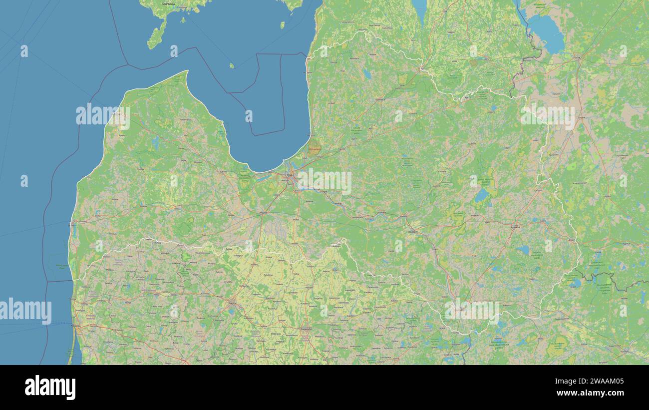 Latvia outlined on a topographic, OSM standard style map Stock Photo - Alamy