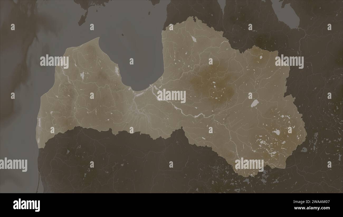 Latvia highlighted on a elevation map colored in sepia tones with lakes ...