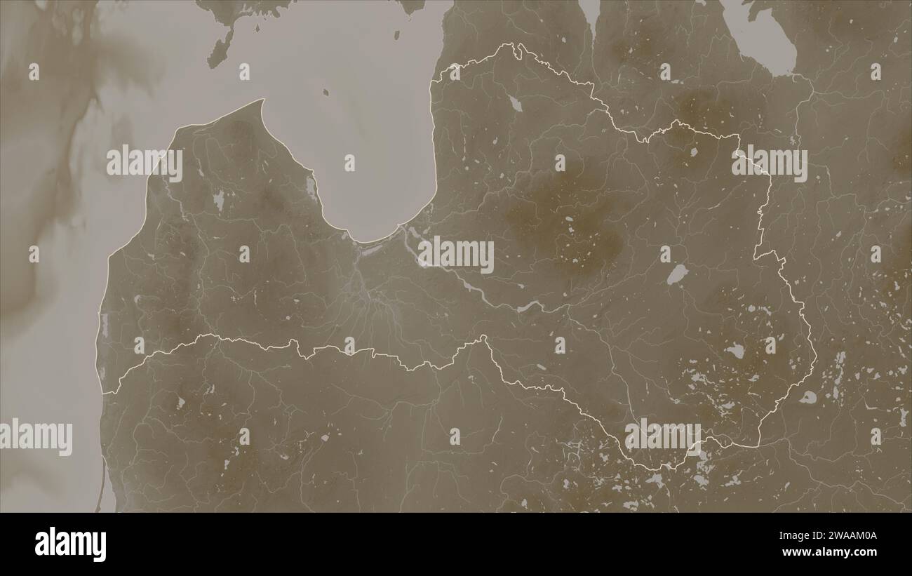 Latvia outlined on a elevation map colored in sepia tones with lakes ...
