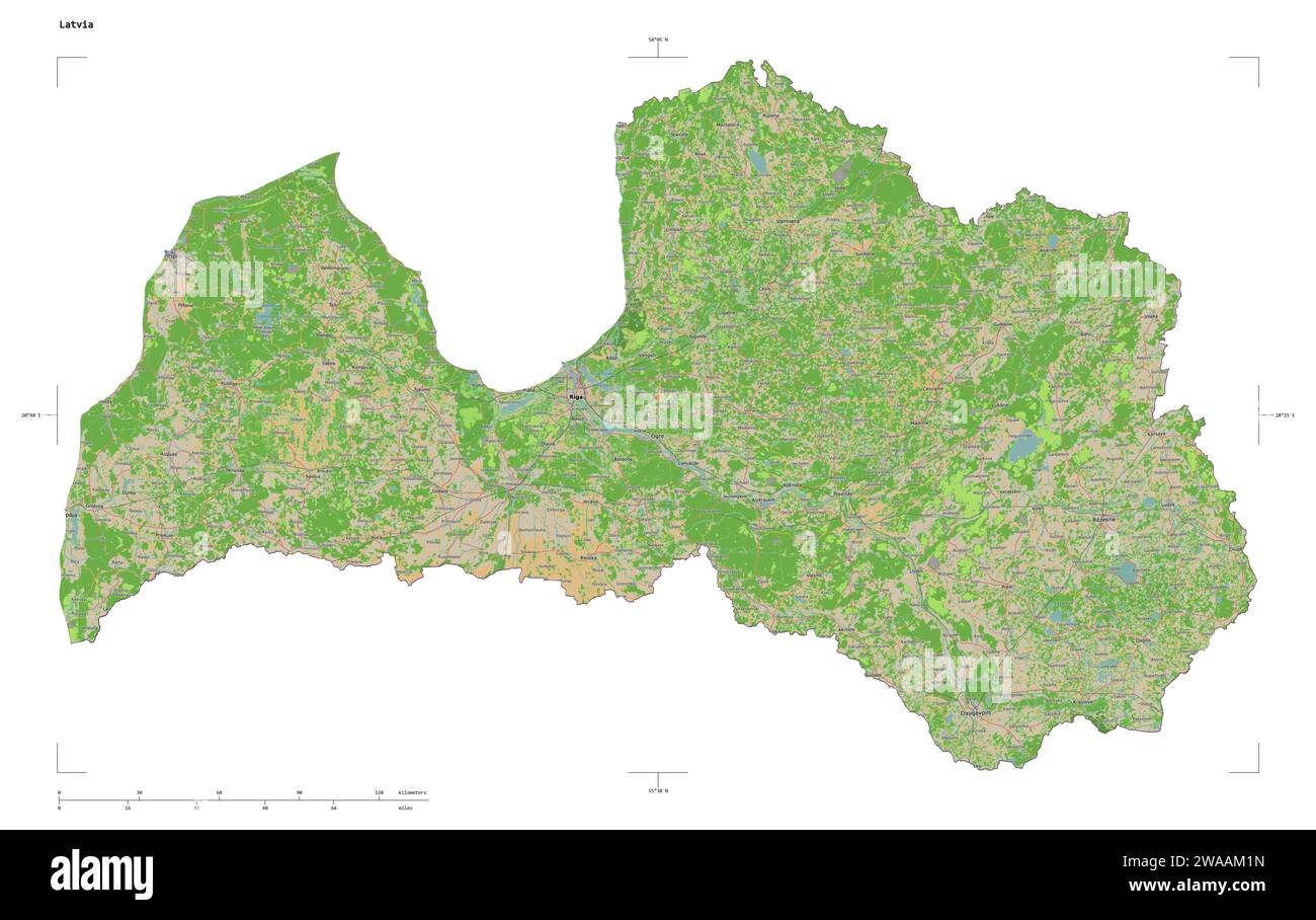 Shape of a topographic, OSM France style map of the Latvia, with ...