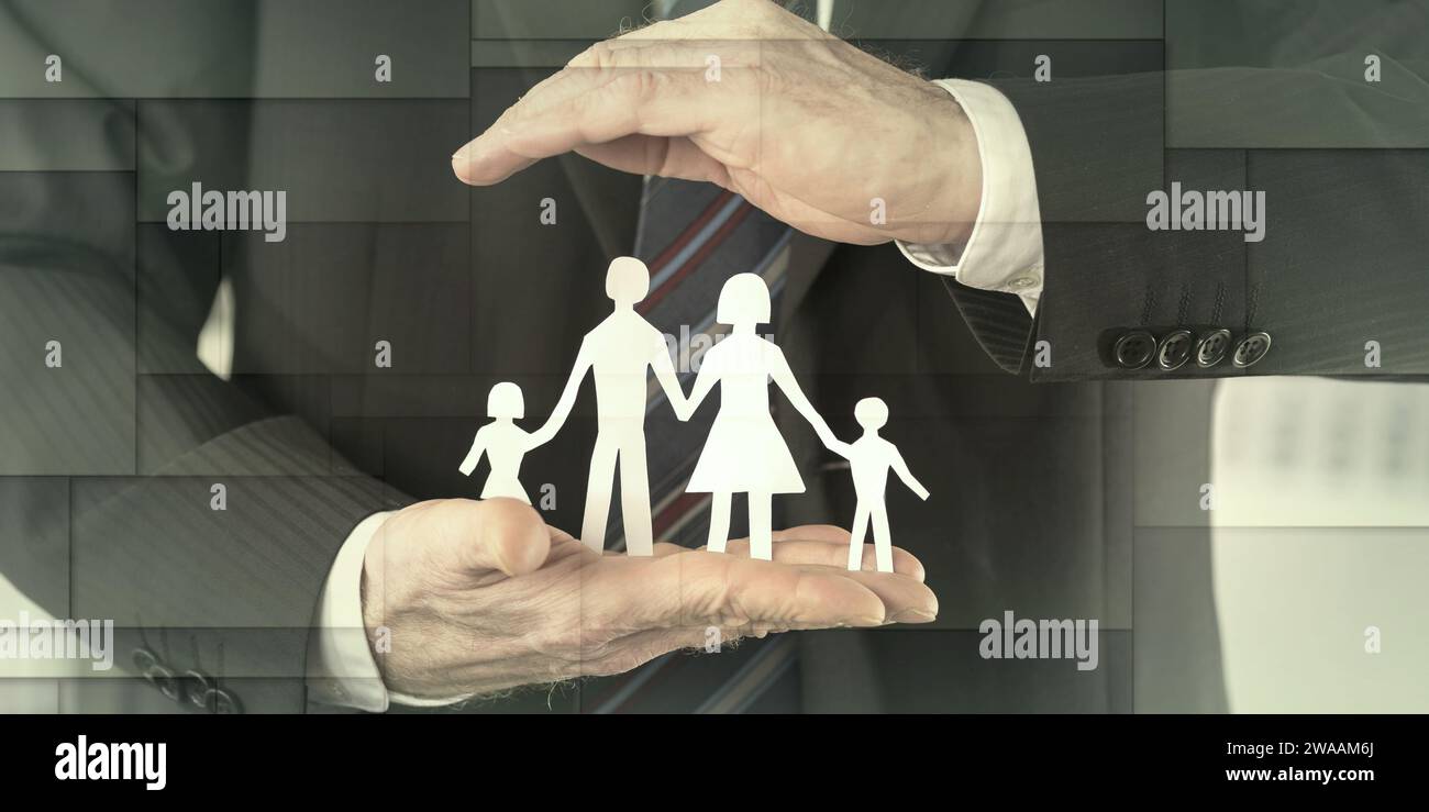 Concept of family insurance with hands protecting a family, geometric ...