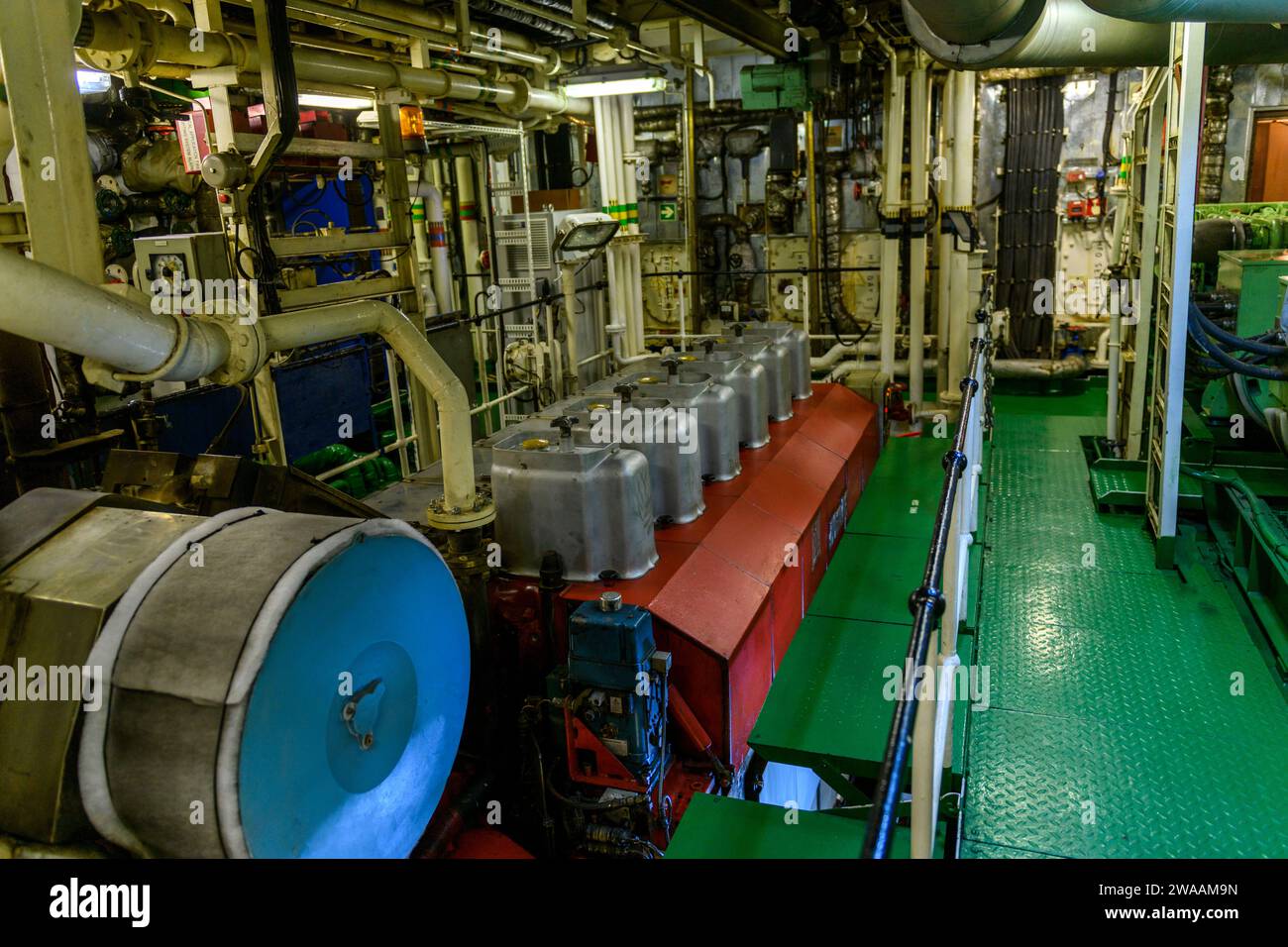 Main engine, Inside engine room on big ship, Marine engine on vessel ...