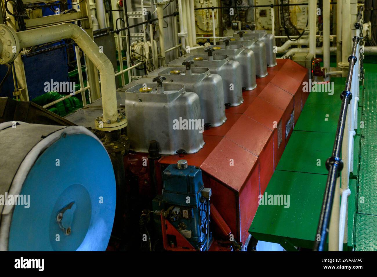 Main engine, Inside engine room on big ship, Marine engine on vessel ...