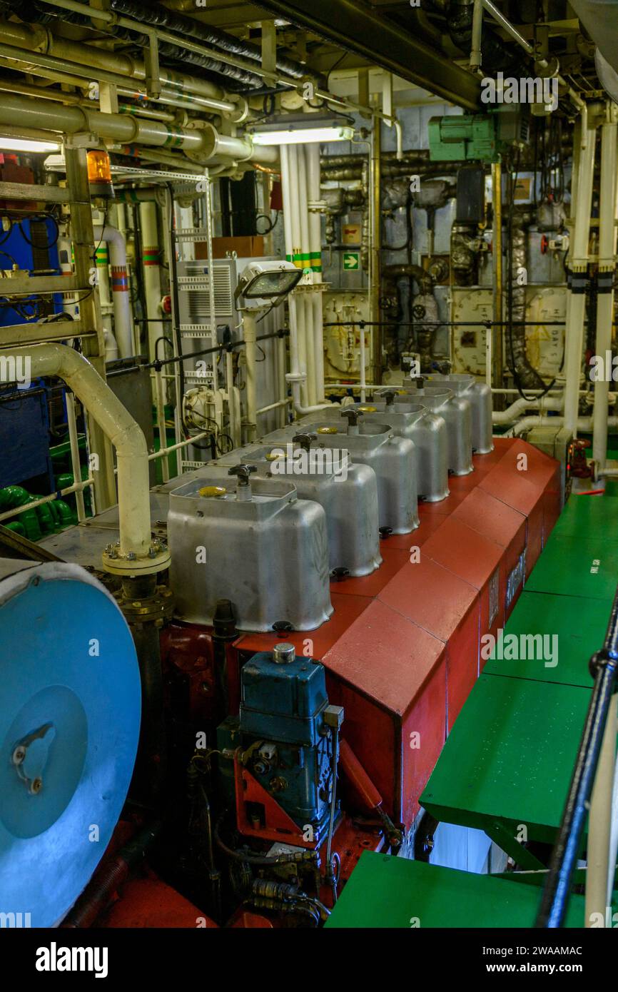 Main engine, Inside engine room on big ship, Marine engine on vessel ...