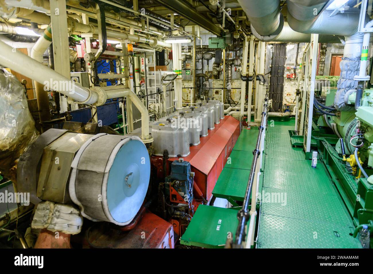 Main engine, Inside engine room on big ship, Marine engine on vessel ...