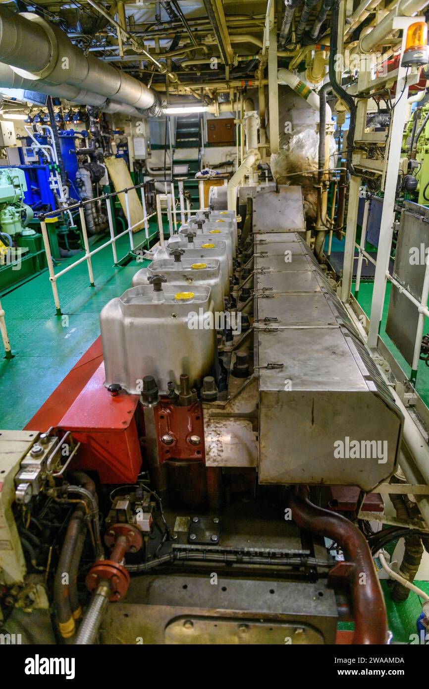 Main engine, Inside engine room on big ship, Marine engine on vessel ...