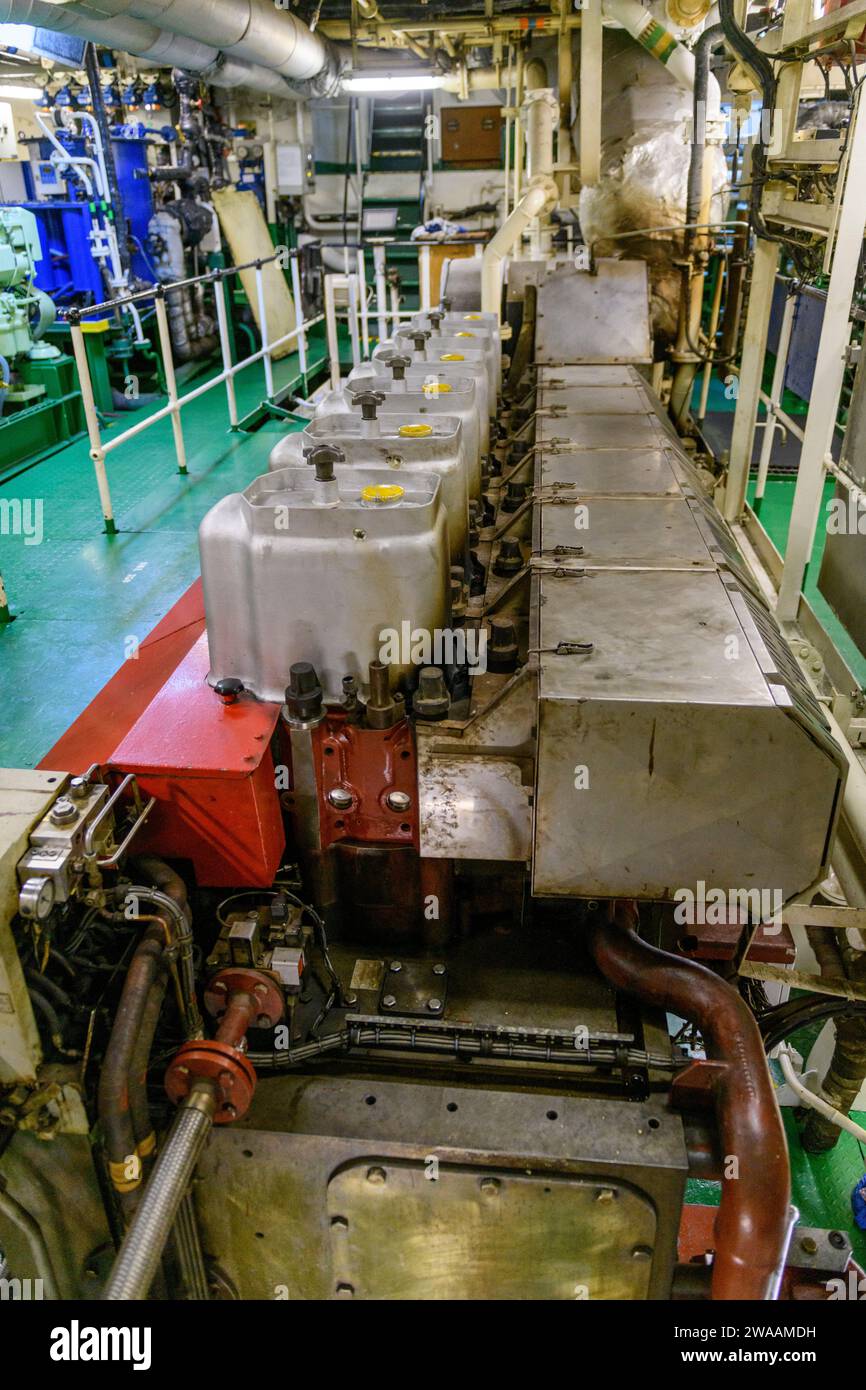 Main engine, Inside engine room on big ship, Marine engine on vessel ...