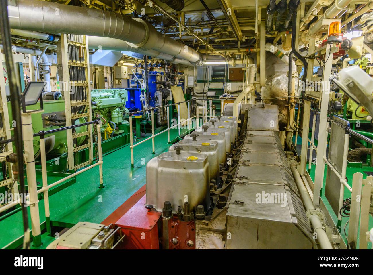 Main engine, Inside engine room on big ship, Marine engine on vessel ...