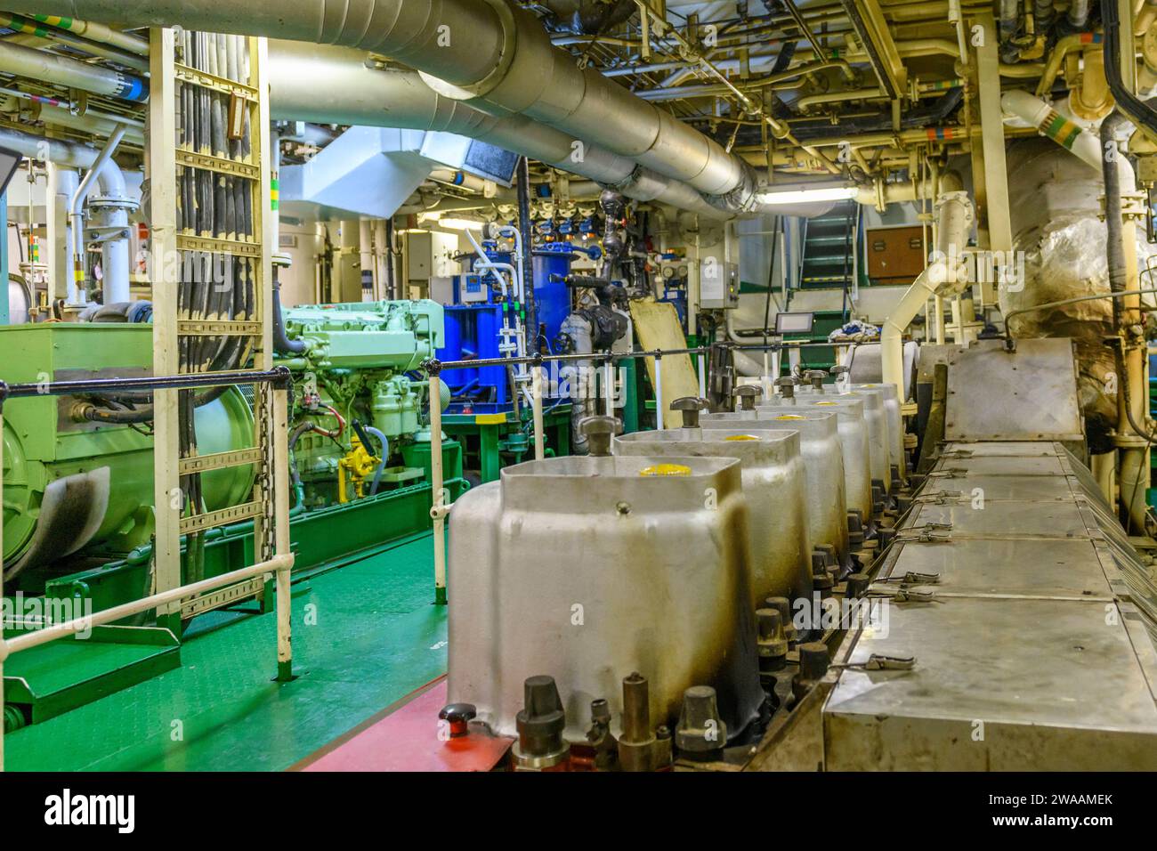 Main engine, Inside engine room on big ship, Marine engine on vessel ...