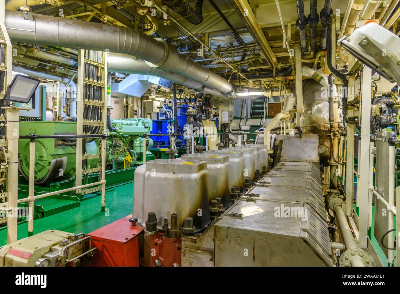 Main engine, Inside engine room on big ship, Marine engine on vessel ...
