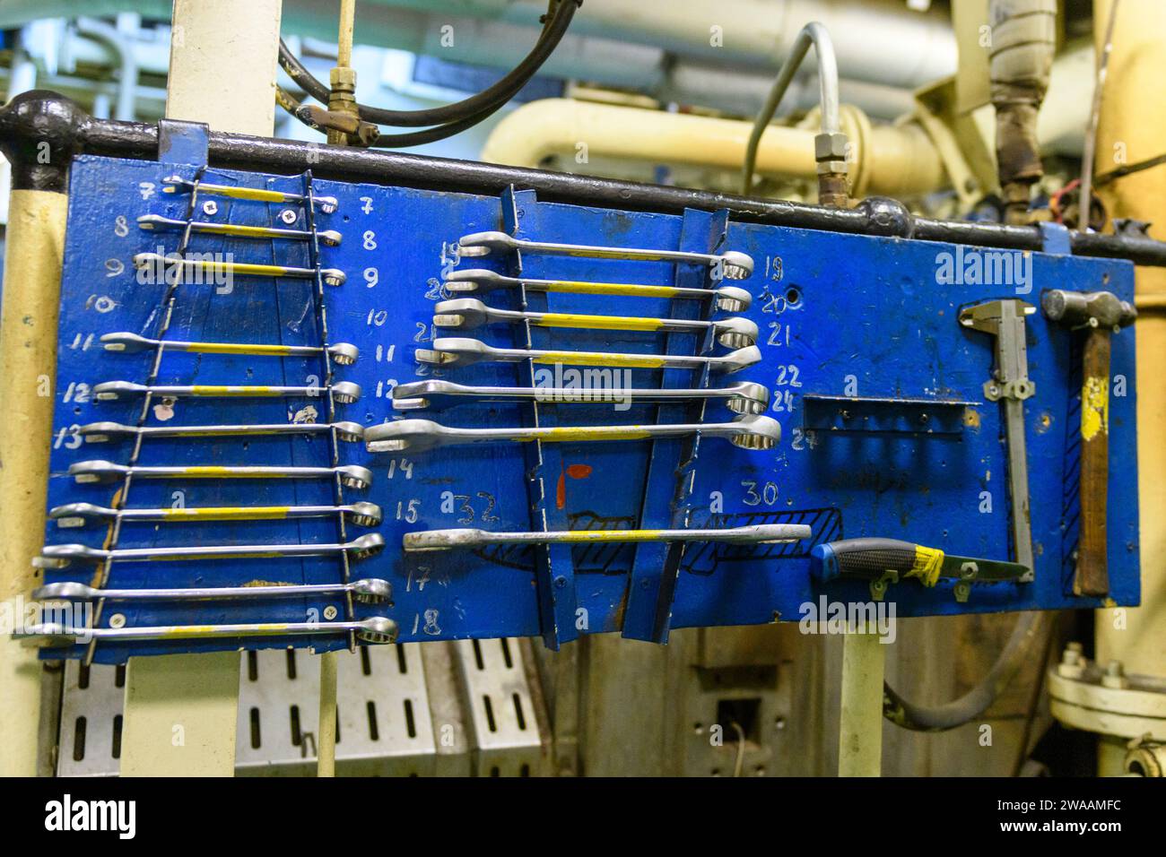 Instrument board on vessel. Spanners. Engine room interior Stock Photo ...