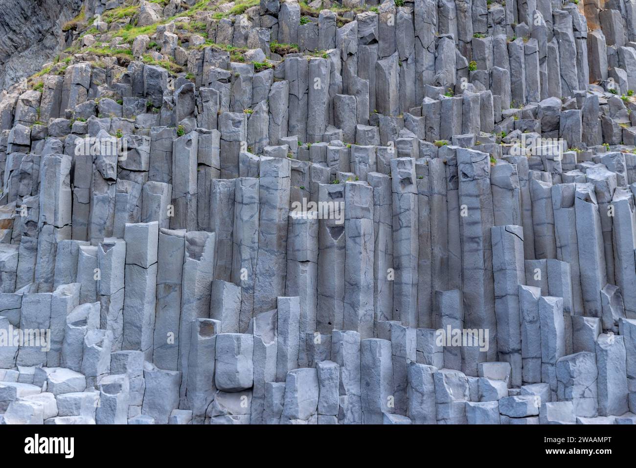 Grey basalt columns of varying height and thickness and depth, near Vik ...