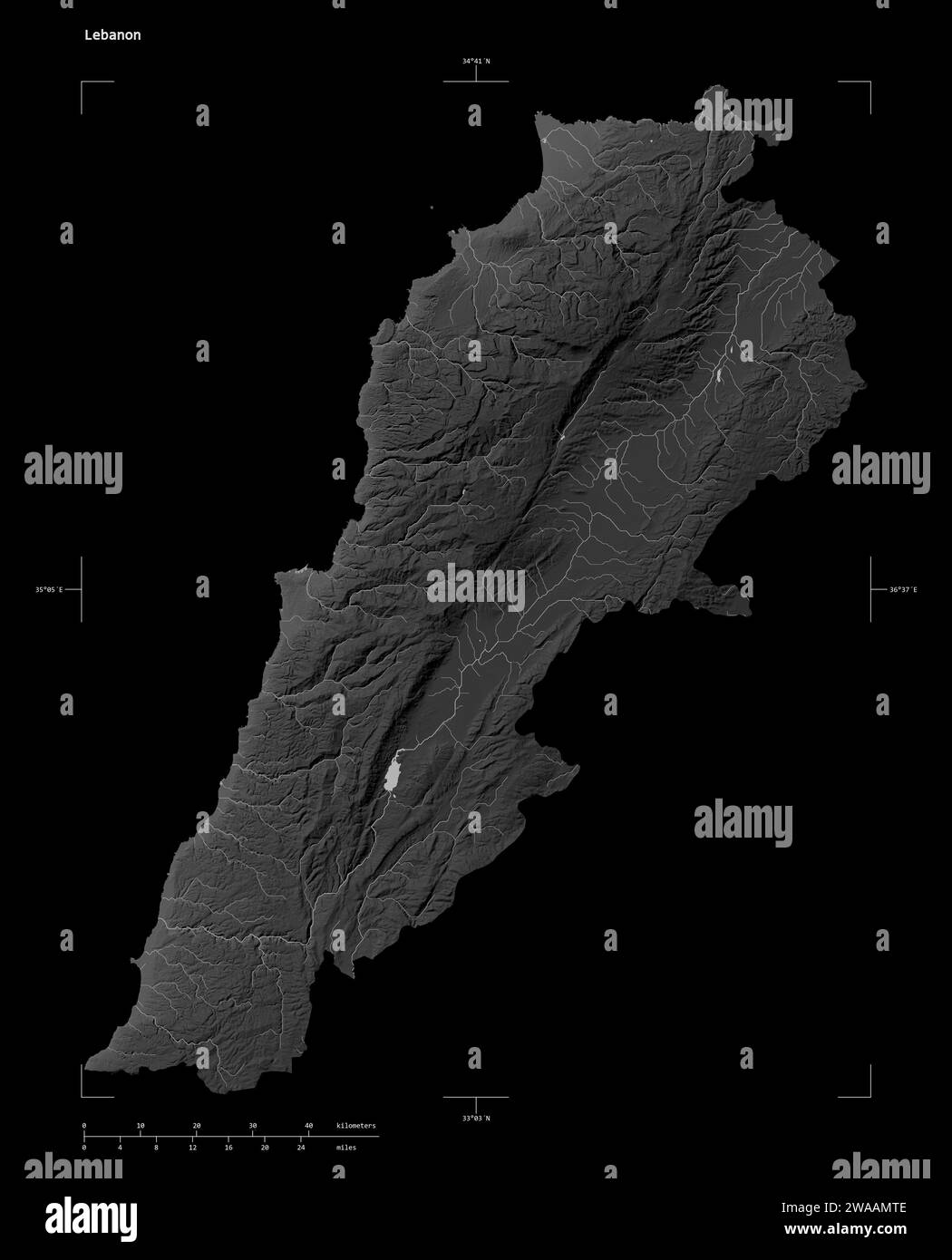 Shape of a Grayscale elevation map with lakes and rivers of the Lebanon, with distance scale and ...