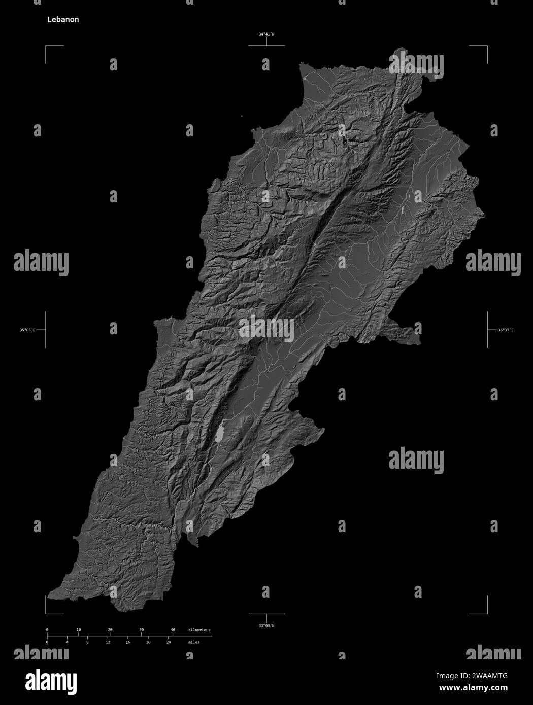 Shape of a Bilevel elevation map with lakes and rivers of the Lebanon, with distance scale and ...