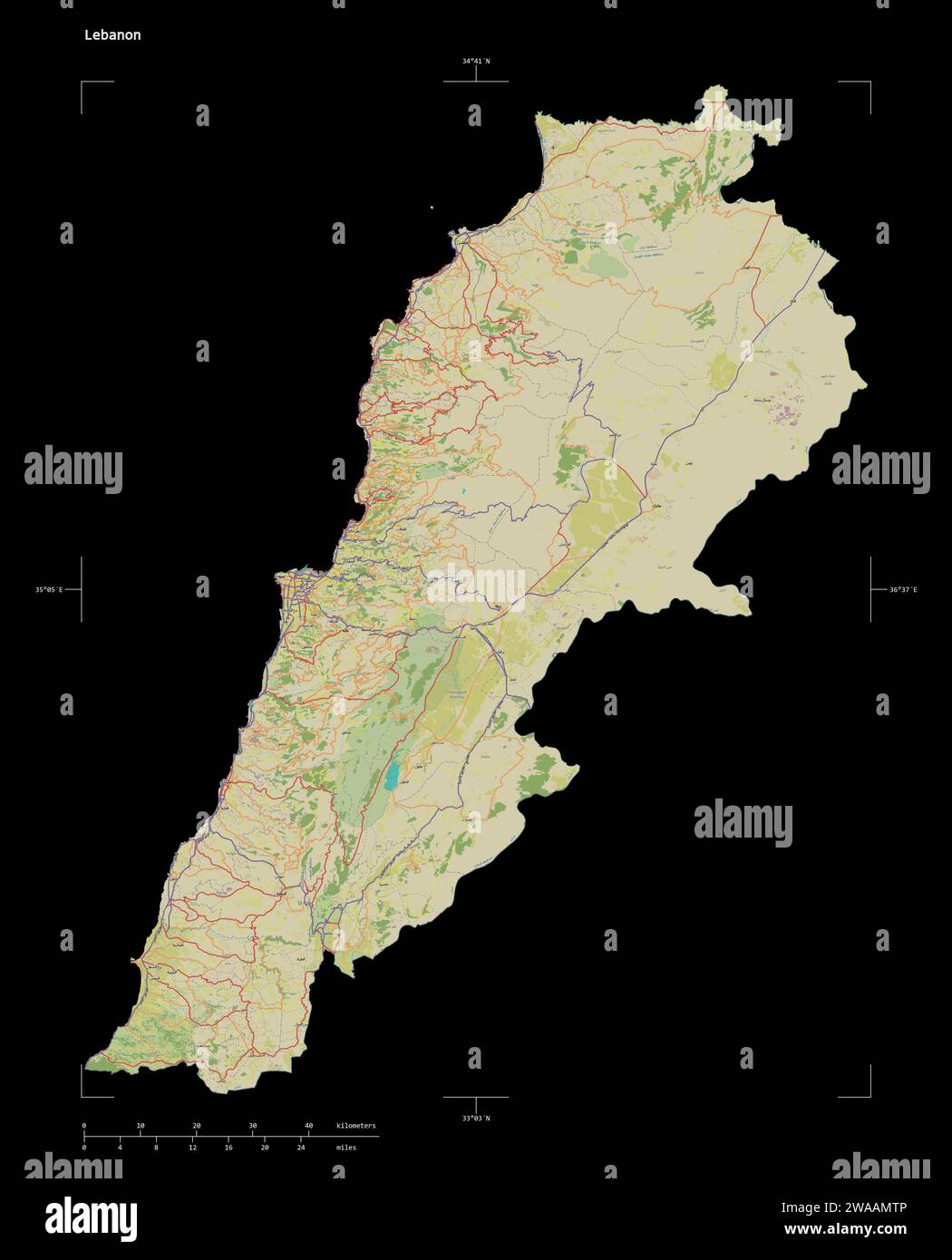 Shape of a topographic, OSM Humanitarian style map of the Lebanon, with ...