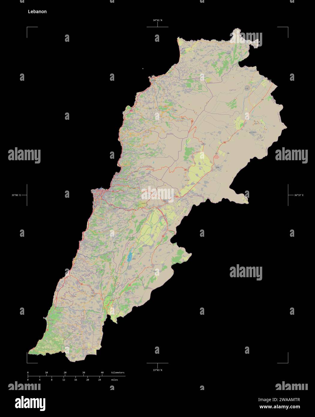 Shape of a topographic, OSM standard style map of the Lebanon, with distance scale and map ...
