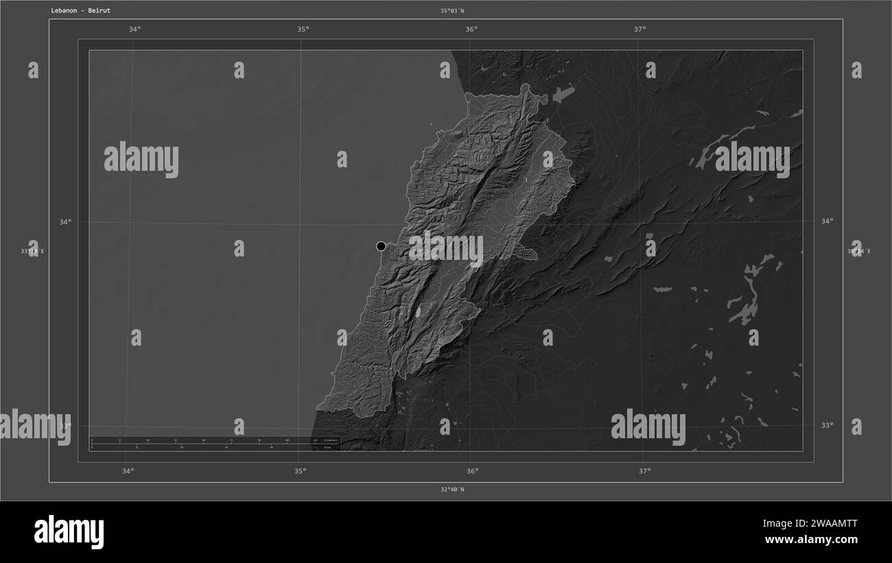 Lebanon highlighted on a Bilevel elevation map with lakes and rivers map with the country's ...