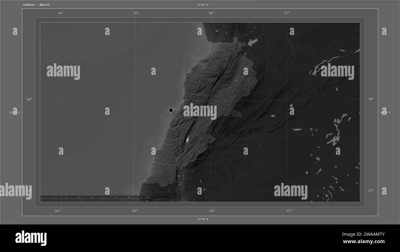 Lebanon highlighted on a Grayscale elevation map with lakes and rivers ...