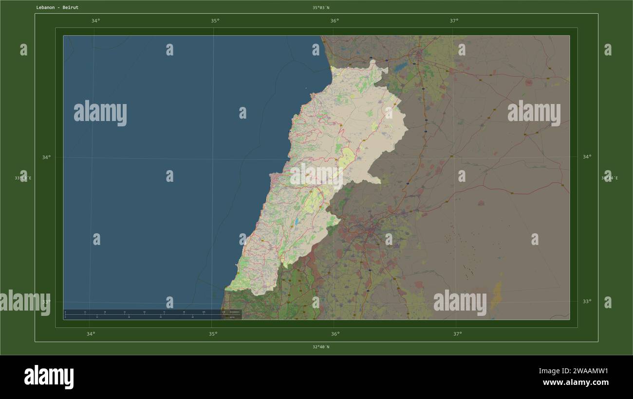 Lebanon highlighted on a topographic, OSM Germany style map map with the country's capital point ...