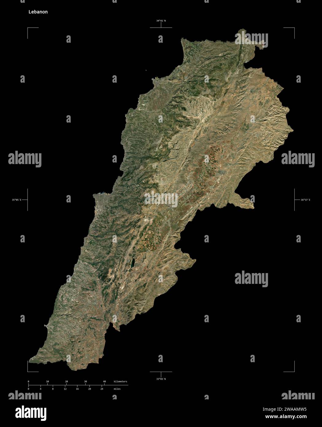 Shape of a high resolution satellite map of the Lebanon, with distance ...