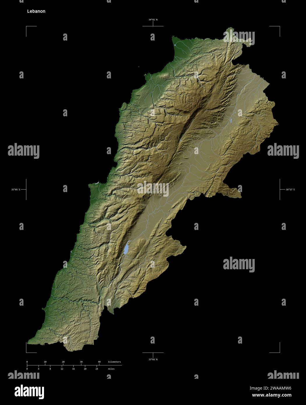 Shape of a Pale colored elevation map with lakes and rivers of the Lebanon, with distance scale ...