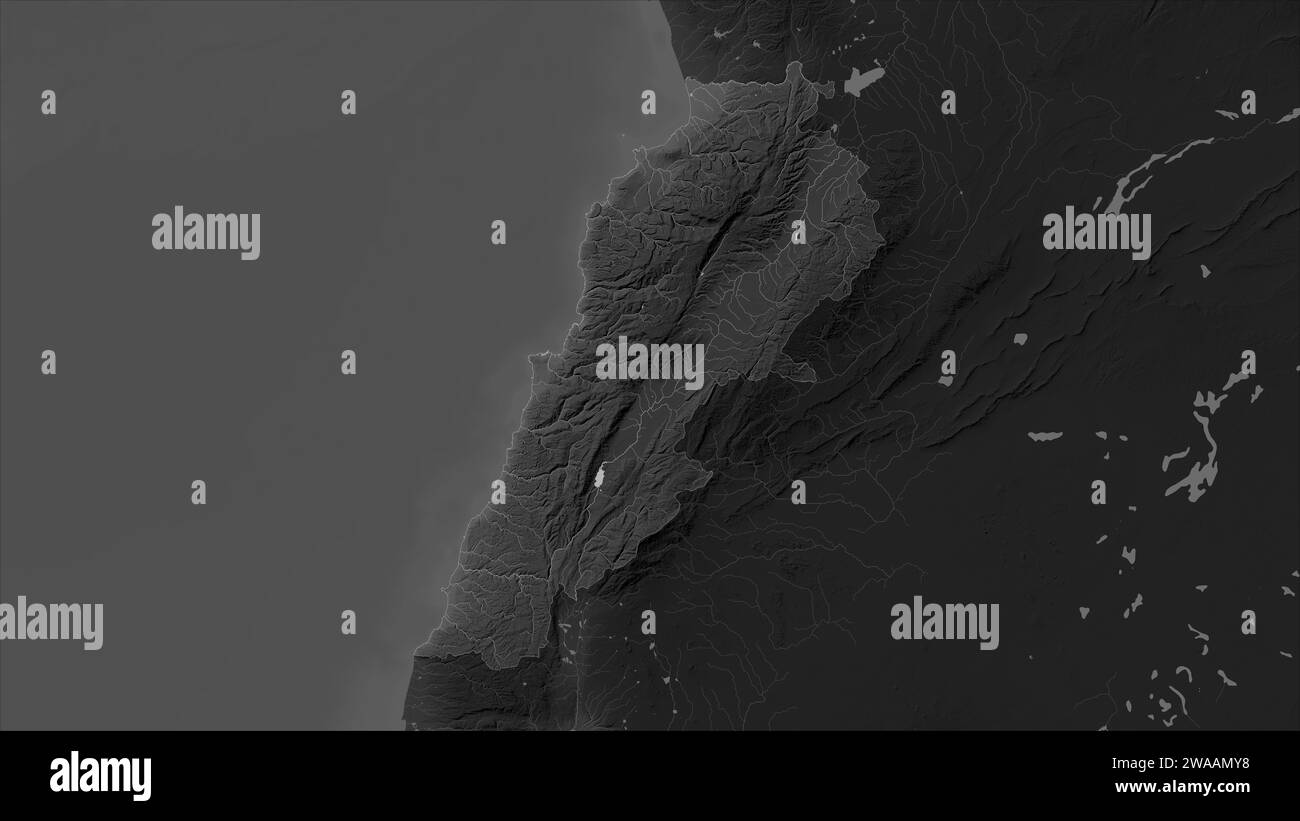 Lebanon highlighted on a Grayscale elevation map with lakes and rivers Stock Photo - Alamy
