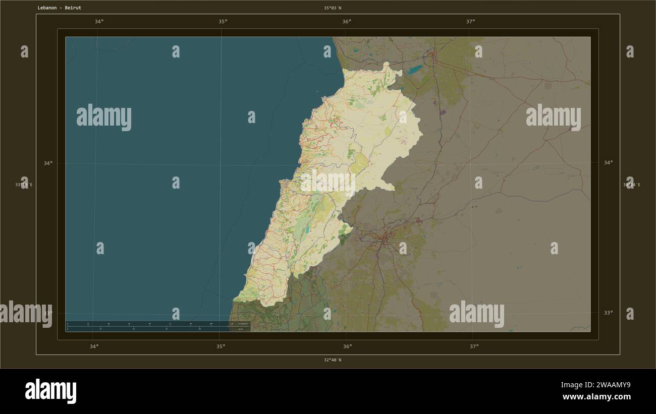 Lebanon highlighted on a topographic, OSM Humanitarian style map map ...
