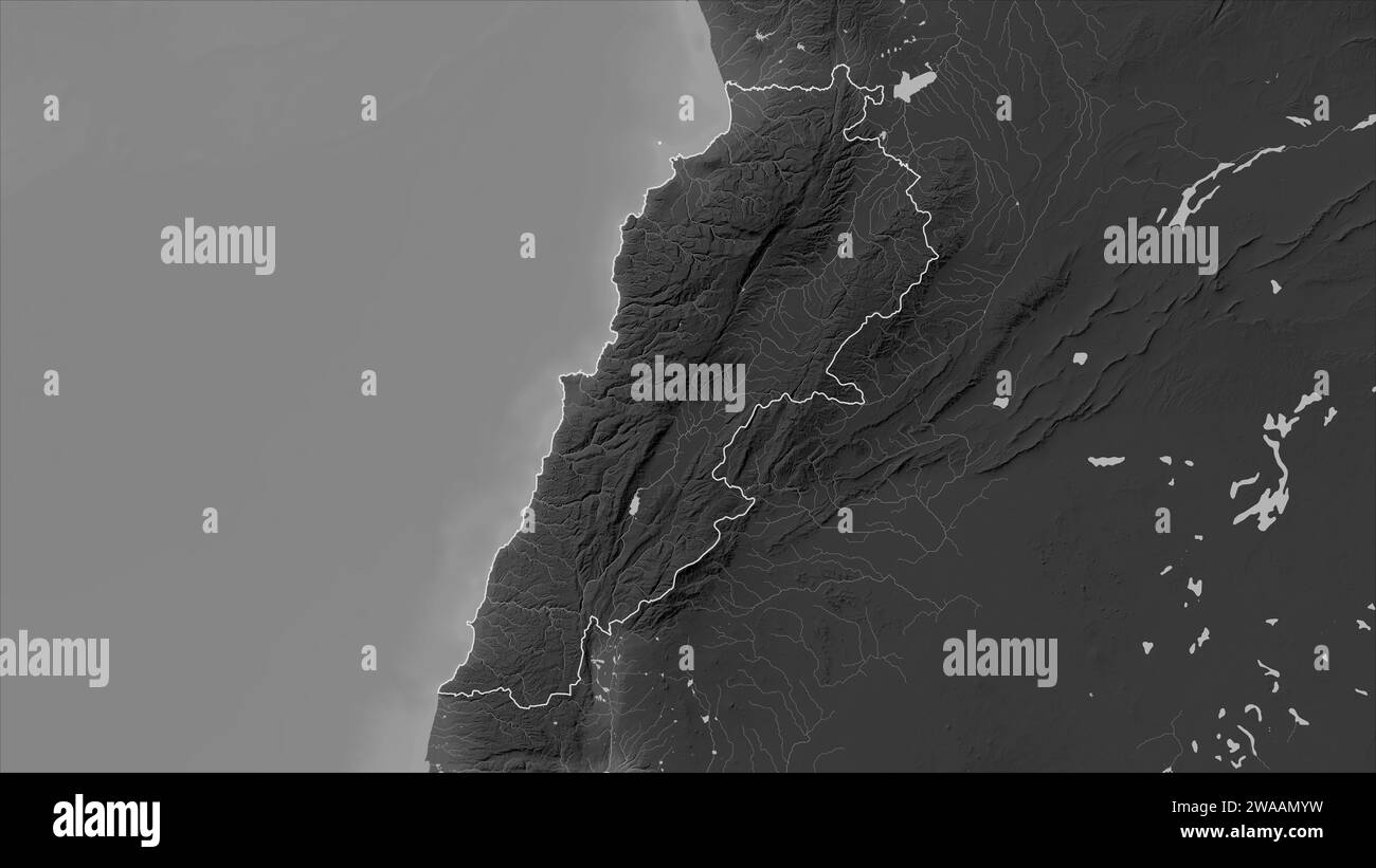 Lebanon outlined on a Grayscale elevation map with lakes and rivers ...