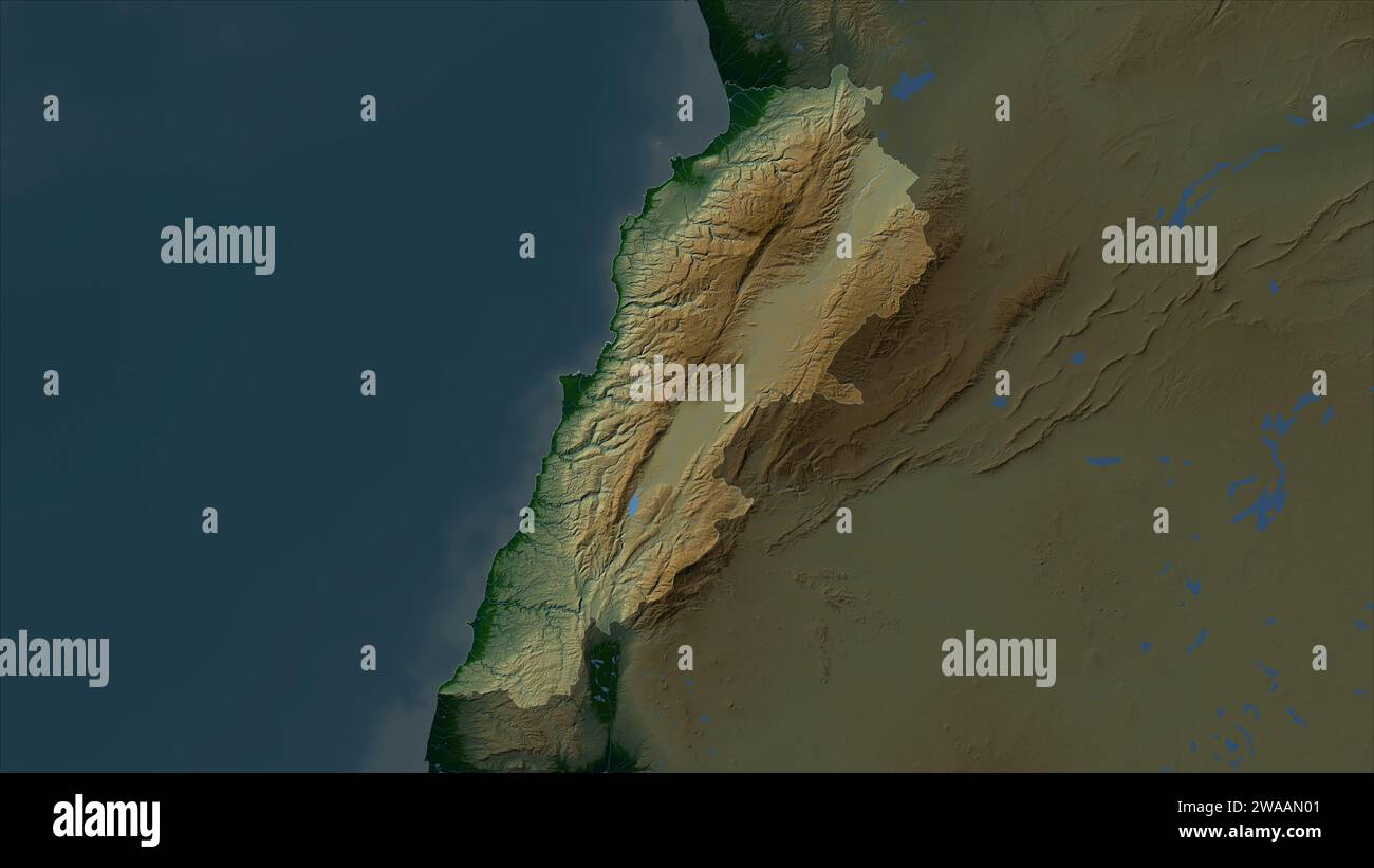 Lebanon highlighted on a Colored elevation map with lakes and rivers ...