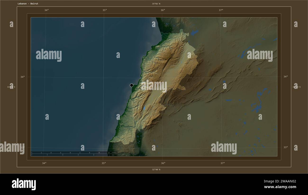 Lebanon highlighted on a Colored elevation map with lakes and rivers ...