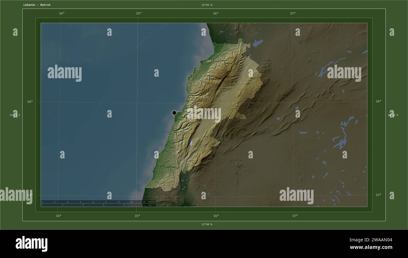 Lebanon highlighted on a Pale colored elevation map with lakes and ...