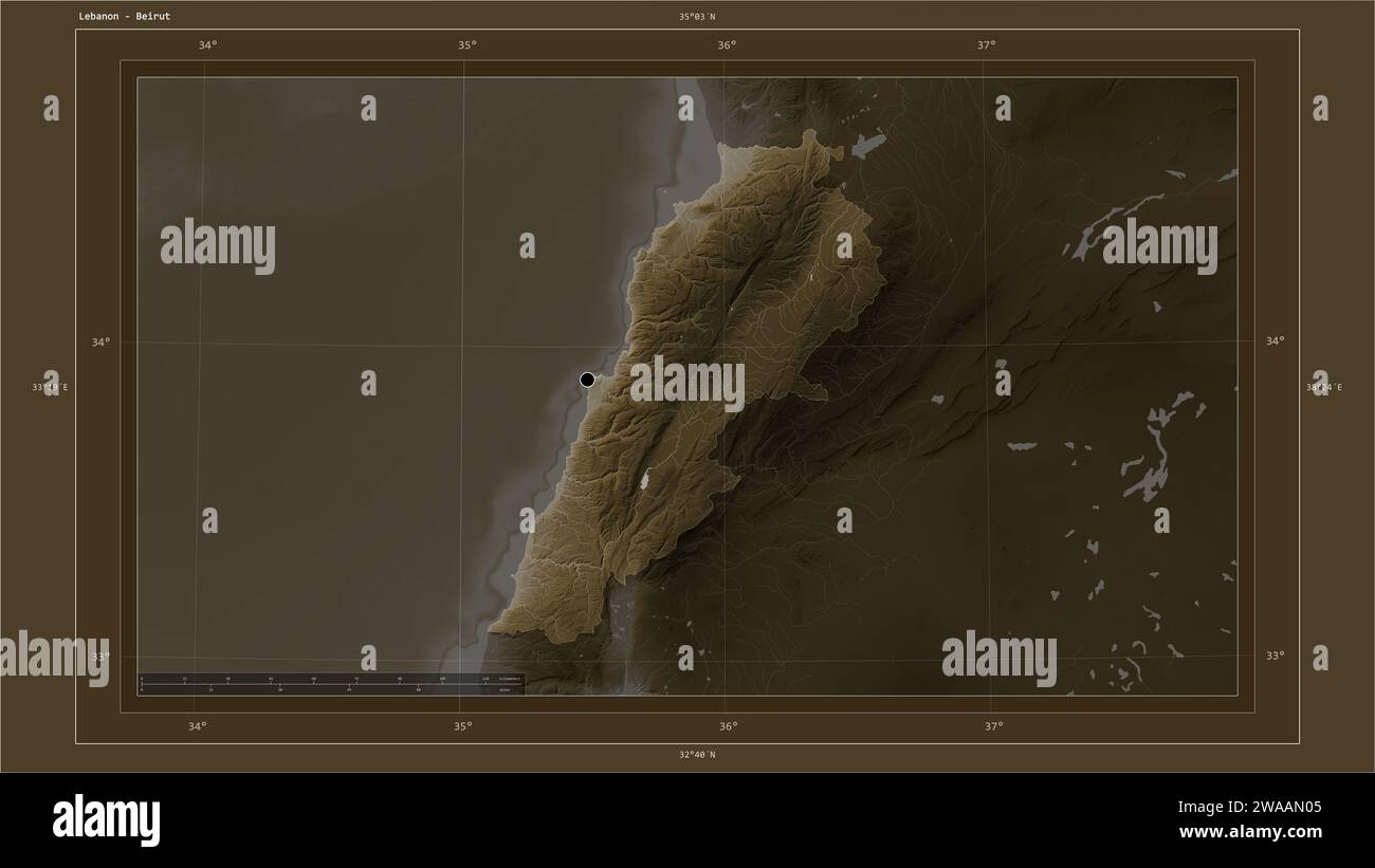 Lebanon highlighted on a elevation map colored in sepia tones with ...