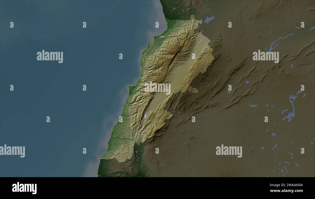 Lebanon highlighted on a Pale colored elevation map with lakes and ...