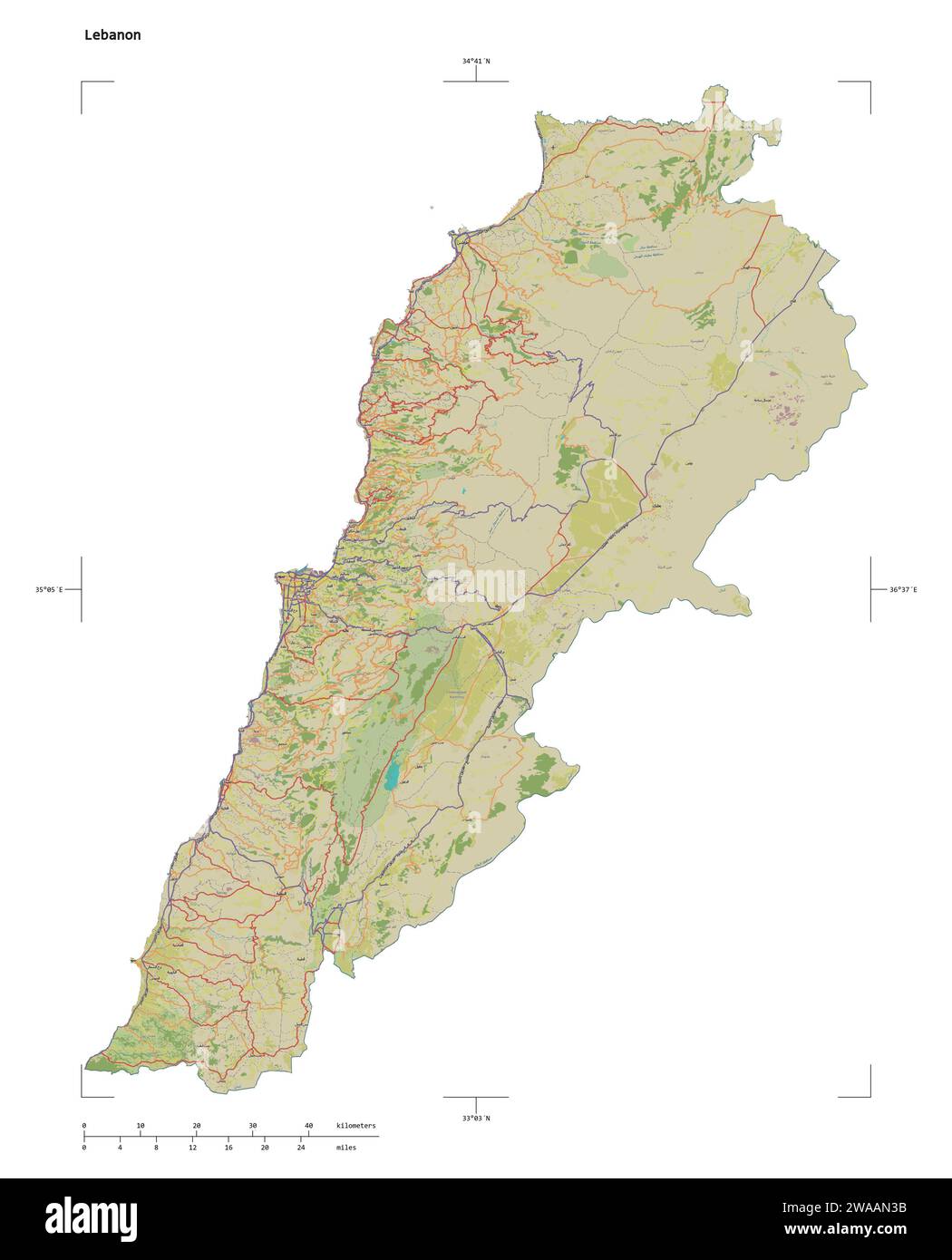 Shape of a topographic, OSM Humanitarian style map of the Lebanon, with ...