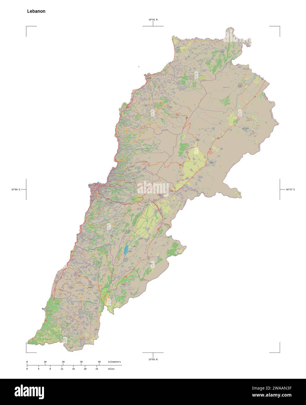 Shape of a topographic, OSM standard style map of the Lebanon, with distance scale and map ...