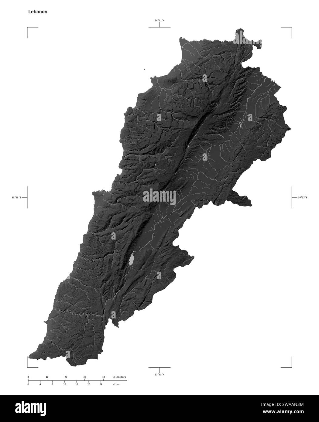 Shape of a Grayscale elevation map with lakes and rivers of the Lebanon, with distance scale and ...