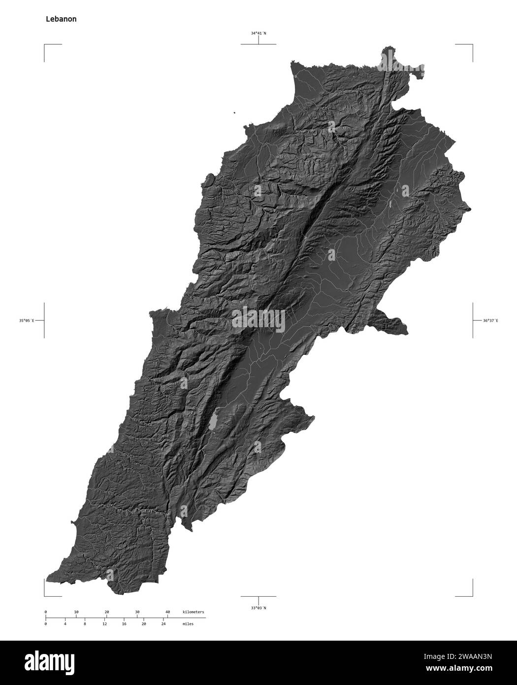 Shape of a Bilevel elevation map with lakes and rivers of the Lebanon, with distance scale and ...