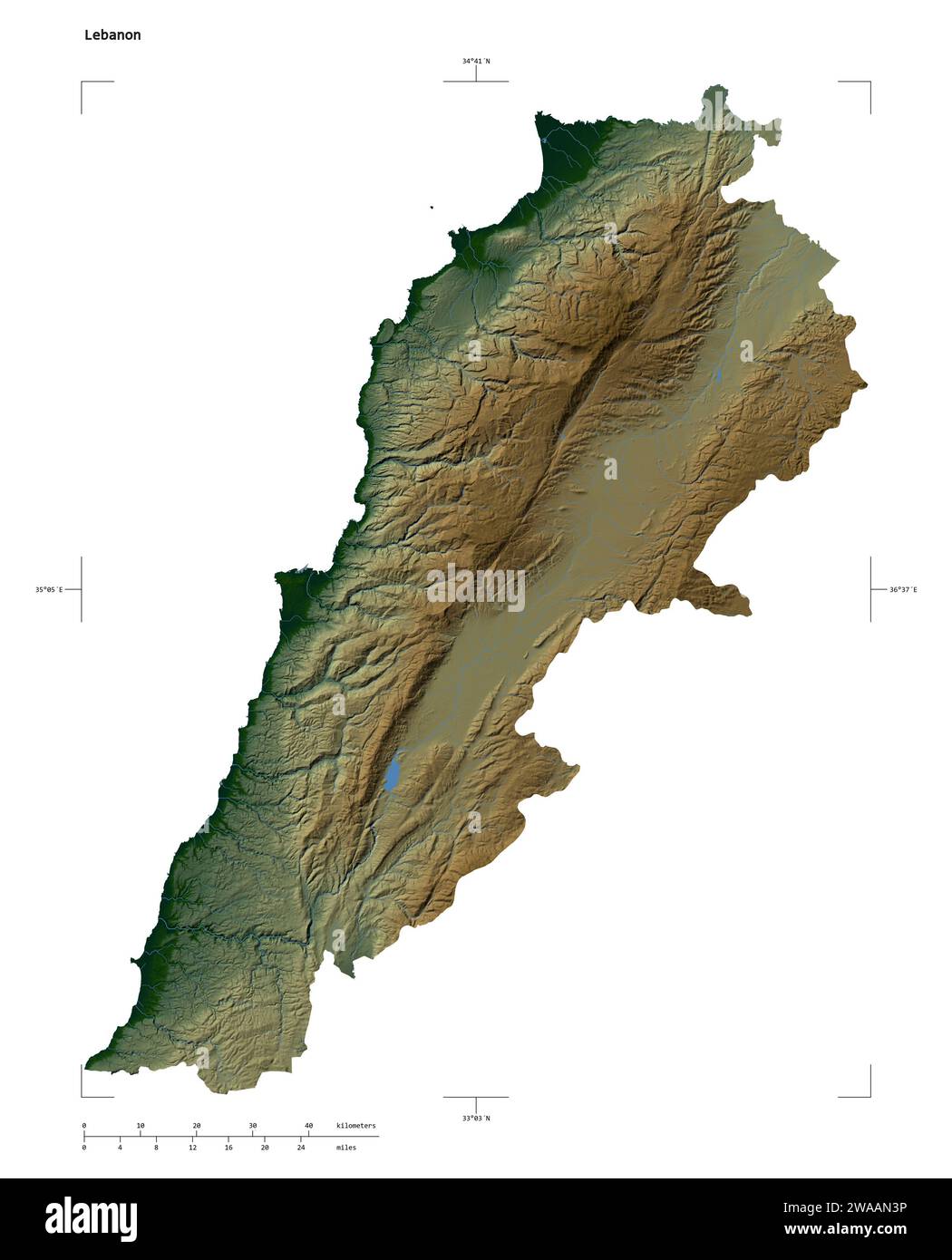 Shape of a Colored elevation map with lakes and rivers of the Lebanon ...
