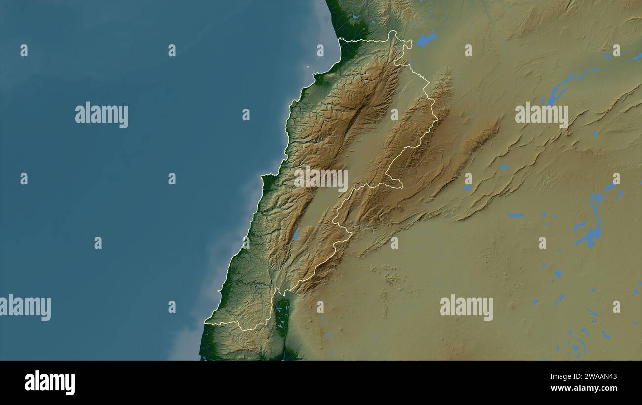 Lebanon outlined on a Colored elevation map with lakes and rivers Stock ...