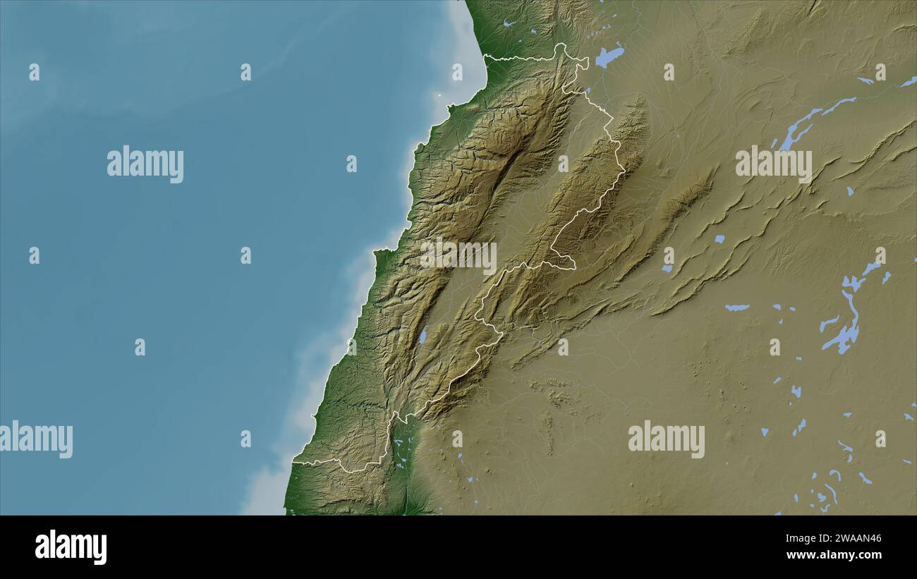 Lebanon outlined on a Pale colored elevation map with lakes and rivers ...