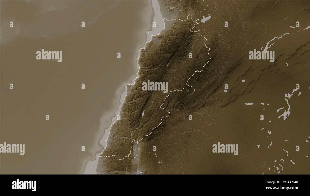 Lebanon outlined on a elevation map colored in sepia tones with lakes ...